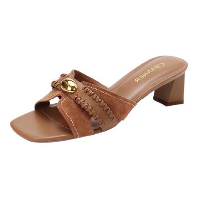 千百度粗跟羊皮凉拖鞋休闲拖鞋