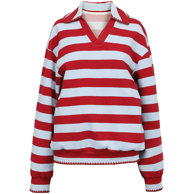 宽松红白条纹针织V领长袖Polo衫