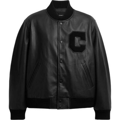 COACH/蔻驰奥莱男士真皮皮革黑色VARSITY夹克外套学院风