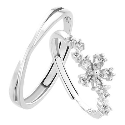 KOOKISS S925银流光花语闪钻对戒简约轻奢小众高级可调节纯银戒指