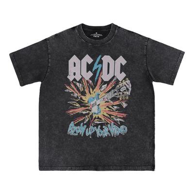 AC/DC重磅纯棉水洗做旧灰短袖T恤