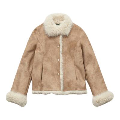 【现货】韩国东大门冬季新the Barnet复古翻领单排扣皮毛一体外套