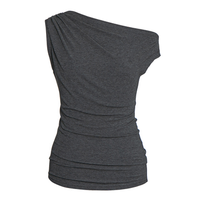 斜肩抽褶弹力修身上衣