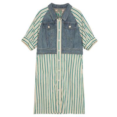 谜底牛仔拼接条纹连衣裙短袖春新款复古翻领中长裙241ML0155