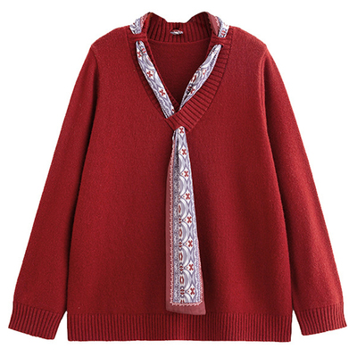 韩系气质显瘦设计感丝巾v领毛衣