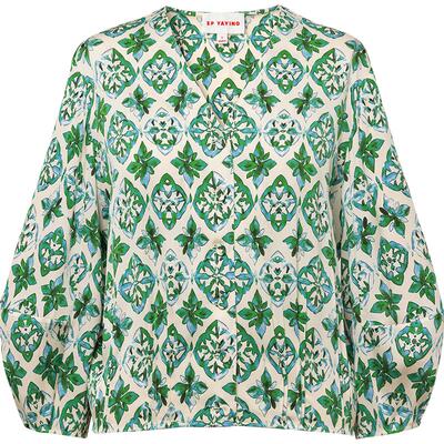 雅莹几何印花立体抽褶真丝衬衫