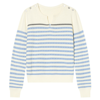 Goodland美地蓝白条纹针织衫女法式毛衣短款羊毛混纺LC34506460
