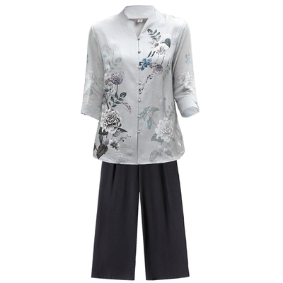 妈妈夏装套装洋气新款真丝衬衫女