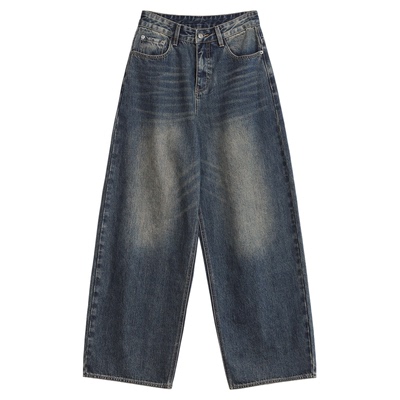 复古水洗牛仔裤阔腿弯刀裤女