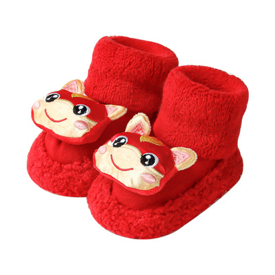 画糖计婴儿袜鞋冬中国风红色宝宝鞋袜中筒毛圈满月鞋袜喜庆地板袜