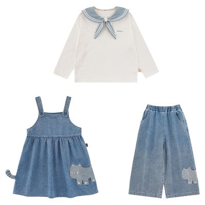 幼悠女童2026春季新款长袖海军领抗菌t恤猫咪牛仔背带裙学院套装