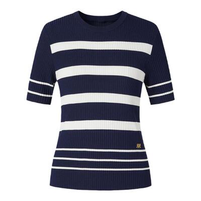 IMM尹默春减龄圆领简约蓝白渐变条纹短袖毛针织衫女