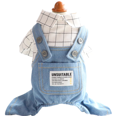 春装格子衬衫牛仔背带裤狗狗衣服