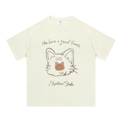 卡通手绘涂鸦猫咪印花短袖T恤女