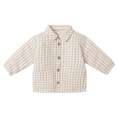 Quincy Mae春秋棉服复古格纹衬衫男女童同款百搭翻领加绒棉服外套
