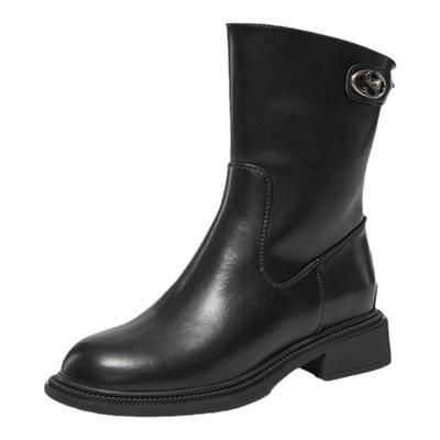 星期六时装靴2024冬季新款时尚圆头粗跟拉链真皮女短靴SSC4116P0T