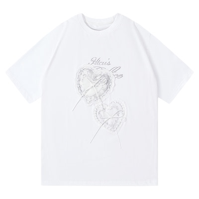 HTCU梦心爱心蕾丝宽松短袖T恤