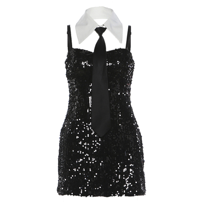 韩系idol风黑色亮片吊带连衣裙女