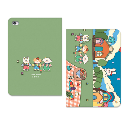 第2件半价插画iPad保护壳兔子小狗小羊苹果三折360旋转亚克力笔槽pro13寸112.9air610.9mini磁吸平板套华为壳