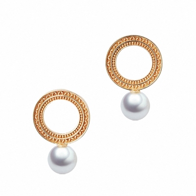日本10k金复古花纹纯银珍珠耳钉