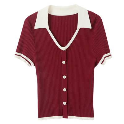 ibudu2025夏季新款假门襟V领针织衫修身短袖套头衫女