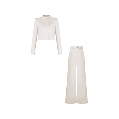 XULU原创梭织老钱风短款长袖西服外套白色优雅高腰阔腿裤两件套装