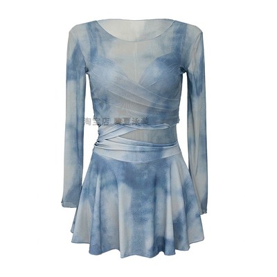 泳衣女2025新款连体裙式高级感扎染长袖罩衫两件套遮肉保守遮肚子