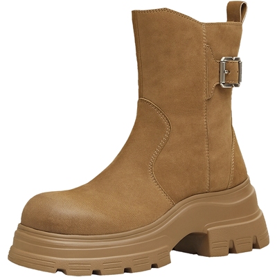 天美意厚底增高复古西部靴短靴女鞋加绒时装靴2025冬新款CFB60DZ5