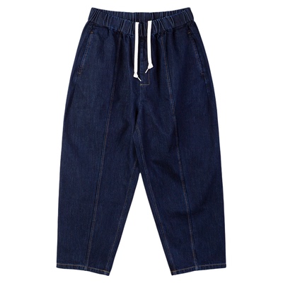 牛仔裤拼接深蓝色运动腰