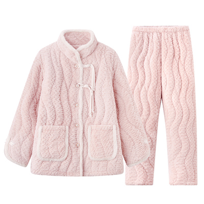 睡衣女冬季三层夹棉加厚家居服