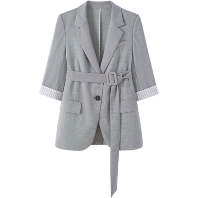 撞色卷边五分袖羊毛系带西装外套