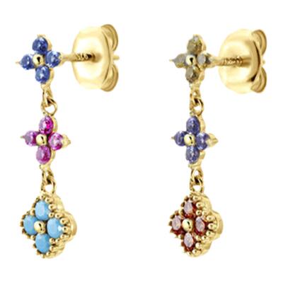 925纯银幸运四叶花瓣耳钉周也同款耳环多巴胺镶钻彩色四叶草耳坠