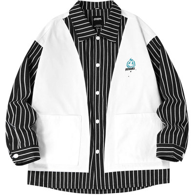 夹克新款假两件拼色条纹印花外套