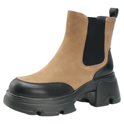 千百度粗跟厚底牛皮切尔西靴短靴