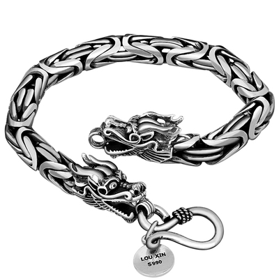 镂心手工复古霸气龙头纯银手链男