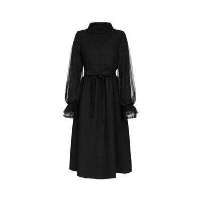 s.deer收腰网纱拼接花边连衣裙