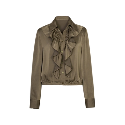 XG/雪歌XK121030A275驼色长袖衬衫2025春季新款荷叶边拼接上衣女