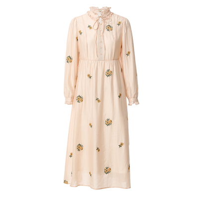 立领重工绣花莱赛尔连衣裙