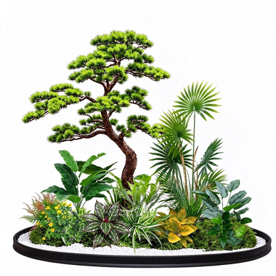 楼梯下造景迎客松树仿真绿植组合室内景观商场装饰摆件仿生假植物