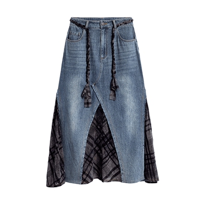 Desigual26春夏新品牛仔拼接网格植绒长款半身裙