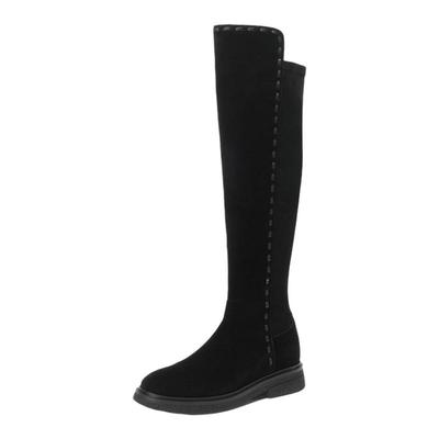 秋冬新款粗跟绒面通勤长筒靴黑色