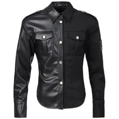 仿皮拼接肩章微弹紧身修身衬衣