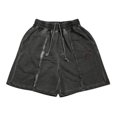 翻边折车线水洗做旧炒色复古vintage欧美高街纯棉刺绣工装五分裤