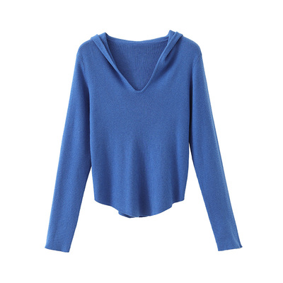 popchrio羊毛v领连帽弧摆针织衫