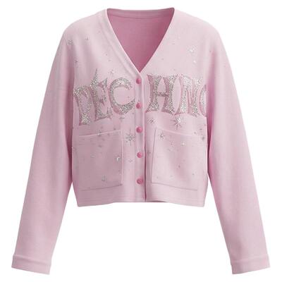 TCH时尚潮牌字母星星烫钻粉色V领短外套女2026春新款T78A27E1021
