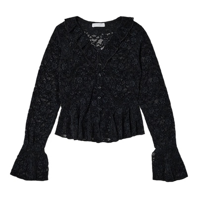 moussy 春季甜美风蕾丝花纹长袖V领针织衫010IA280-4491