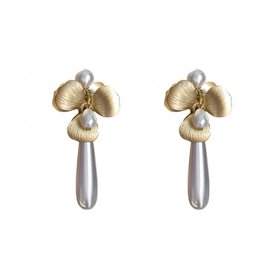 日暮熔金｜金色繁花水滴珍珠耳环