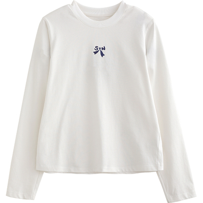 诺诺公主S1N初中生韩系正肩修身蝴蝶结T恤女春新款长袖上衣打底衫