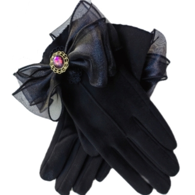 暗黑系秋冬季女绒面暖棉优雅气质触屏开车骑行礼仪蝴蝶结宝石手套