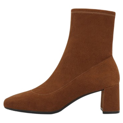 露娜方头法式粗跟套筒弹力靴